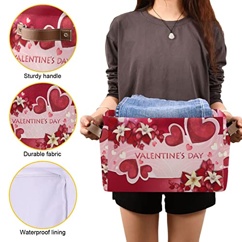senya Valentine's Day Basket, Valentine's Day Beautiful Flowers and Hearts Foldable Fabric Collapsible Storage Bins Organizer Bag for Storage Clothes