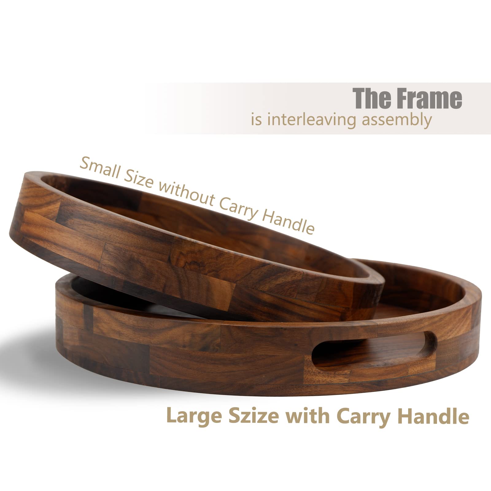 MAGIGO Set of 2 Large Round Black Walnut Wood Ottoman Tray with Handles, Serve Tea, Coffee, Classic Wooden Circular Decorative Serving Tray, 14 &12 inches