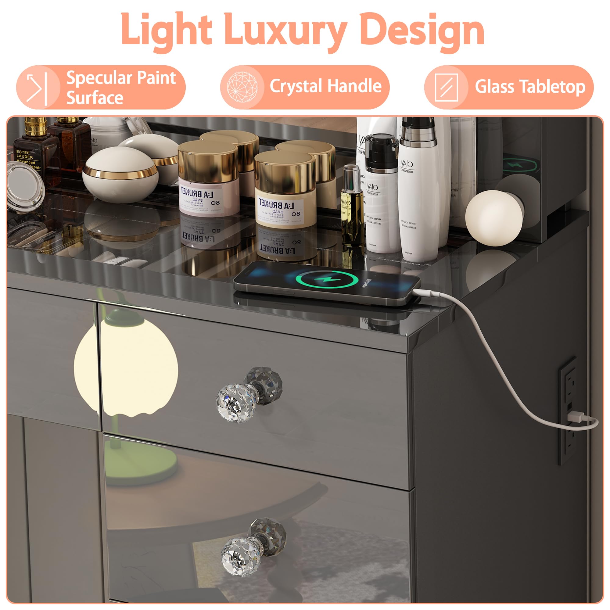 wanan Vanity Desk with Power Outlet, Makeup Vanity with Mirror and 14 LED Light, 3 Lighting Modes,11 Drawer Vanity Table with Sliding Jewelry Storage, Glass Top, Specular Surface, White