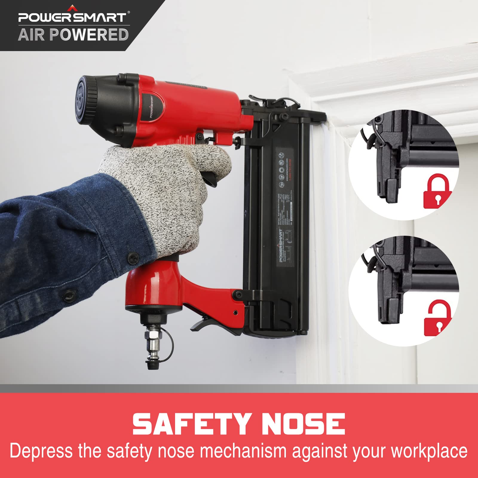 Pneumatic Brad Nailer, POWERSMART 2 in 1 Nail Gun and Crown Stapler with Safety Glasses, Compatible with 5/8β up to 2β Nails, 18 Gauge Brad Gun for Upholstery, Carpentry and Woodworking Projects