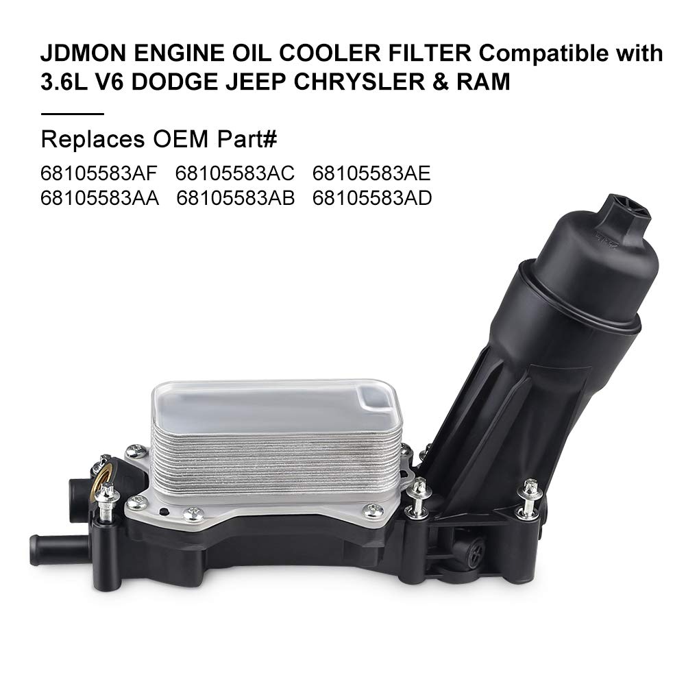 JDMON Compatible with Engine Oil Cooler Filter Adapter Housing Assembly Dodge Ram Jeep 3.6L V6 Chrysler 2014-2018 Oil Filter Housing & Cooler Assembly Replaces 68105583AF 68105583AE 68105583AA