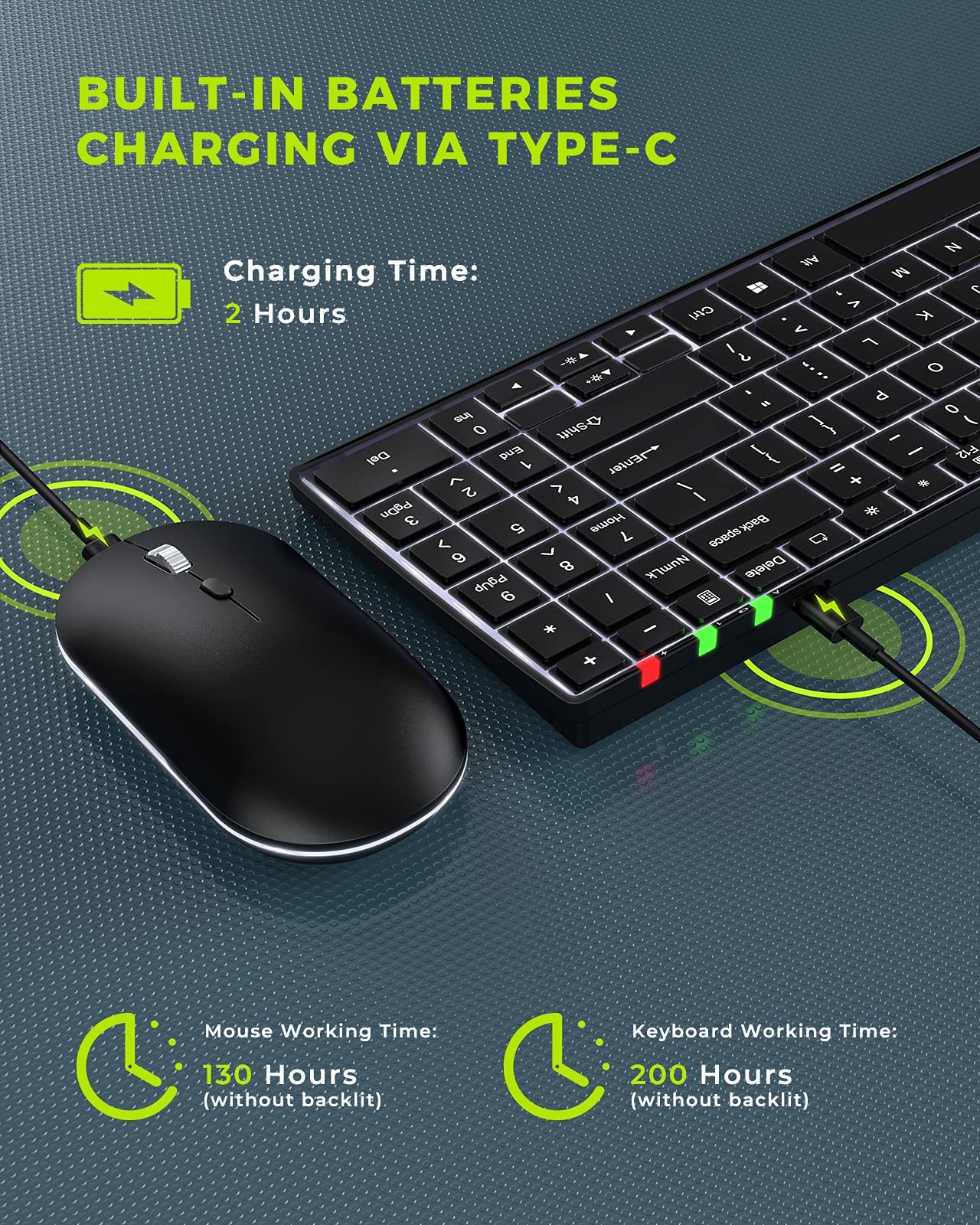 seenda Wireless Keyboard and Mouse Combo with Backlit - Rechargeable Illuminated Keyboard and Mouse Set, 2.4G Slim Portable Silent Keyboard Mouse for Windows/Computer/Laptop/Desktop, Black