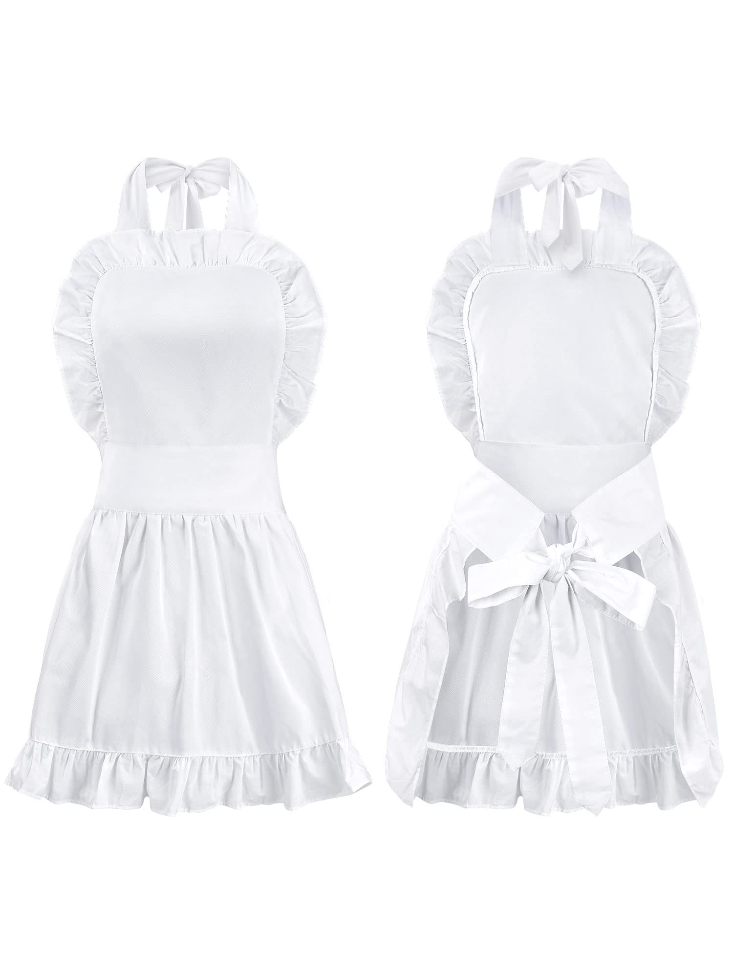 Newcotte Maid Aprons Colonial Aprons Adjustable Bib White Retro Ruffle Apron renaissance french maid apron colonial costume girls apron Kitchen Cooking Baking Cleaning Maid Costume(White)