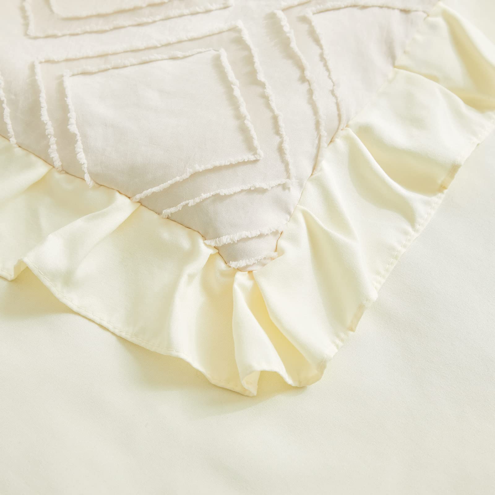 Tufted Ruffle Crib Bedding Set 3 Pieces Baby Boho Quilted Comforter with Fitted Sheet and Bed Skirt - Cute Ruffled Shabby Chic Baby Bedding Soft Blanket Design Cream White with Yellow