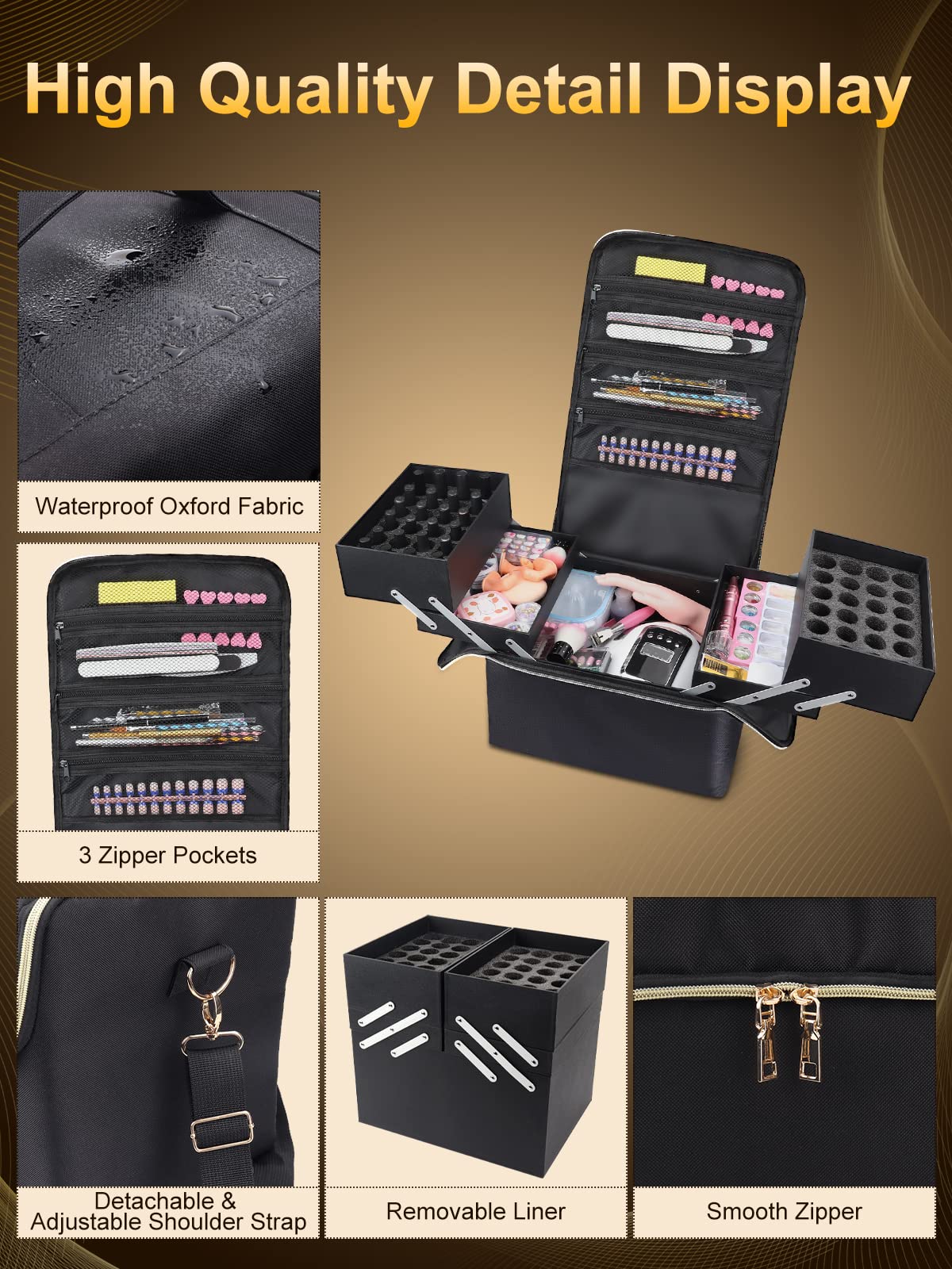 Quaferen Makeup Train Case, Large Plus Size Cosmetic Organizer, 4 Tier Nail Tech Supply Storage, Black Waterproof Nail Polish Organizer Bag for Travel
