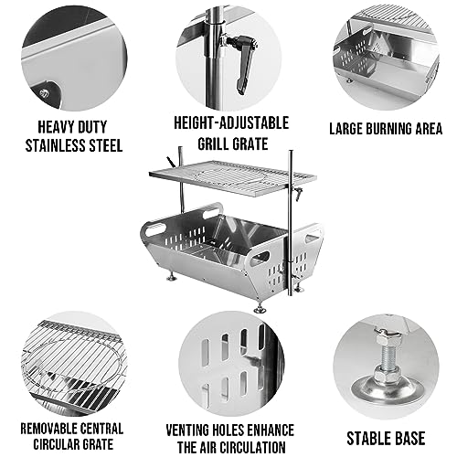 Skyflame Outdoor Fire Pit Grill Combo - Stainless Steel Wood Burning Fire Pit with Height Adjustable Cooking Grate Camping Grill Kit for Backyard Patio Hiking Backpacking Picnic Travel Tailgating