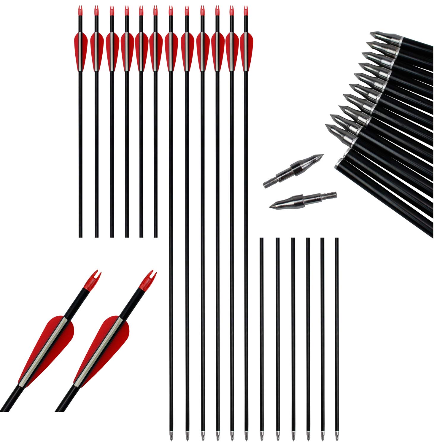 kaimei 32inch Aviation Aluminium Targeting Hunting Arrows for Recurve Bow and Compound Bow with 3inch Blade Field Point and Replaceable Tip 12 Pack