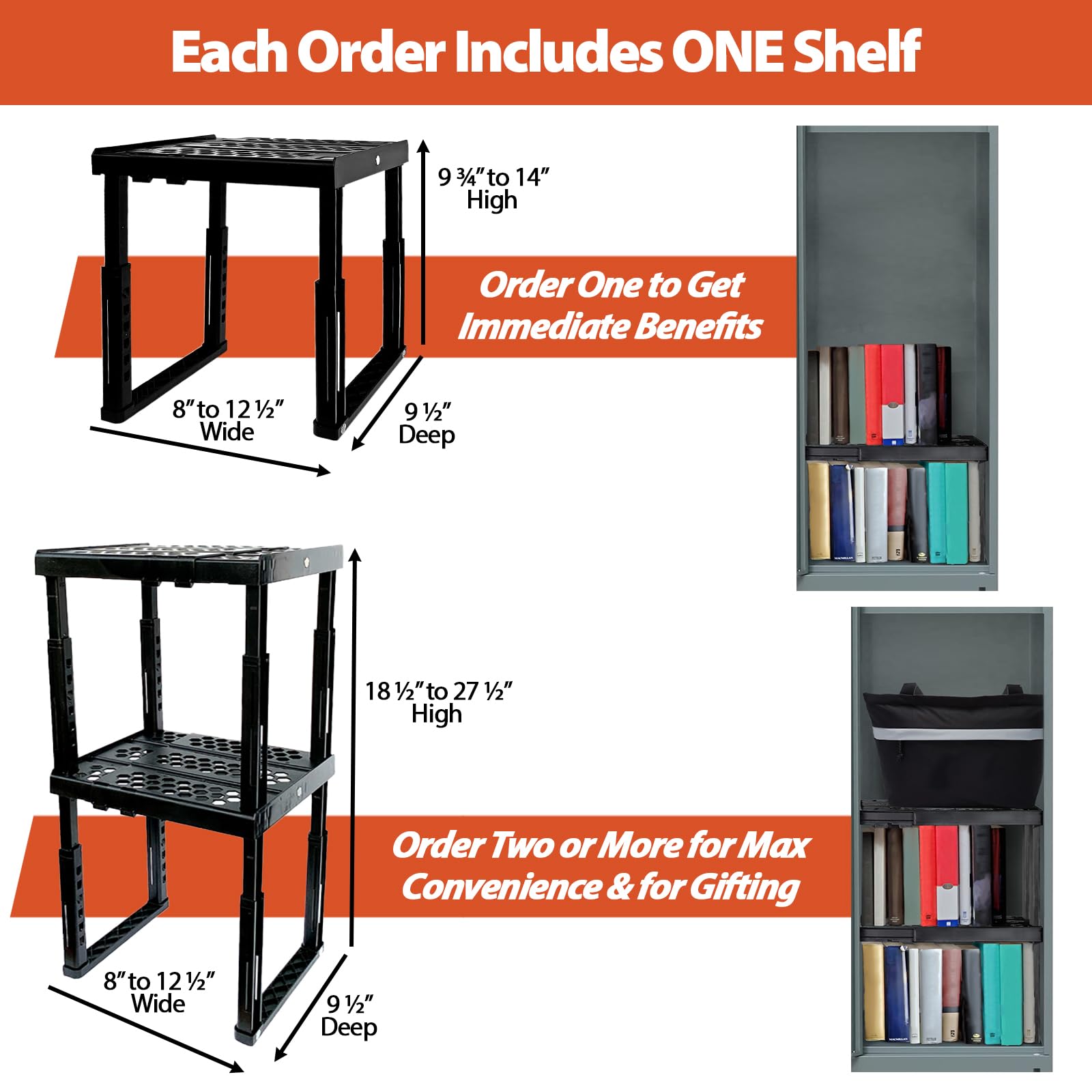 Locker Organizer Shelf, Adjustable Width and Height, Ideal Locker for School, Office, and Gym Lockers (Black 2 Pack)