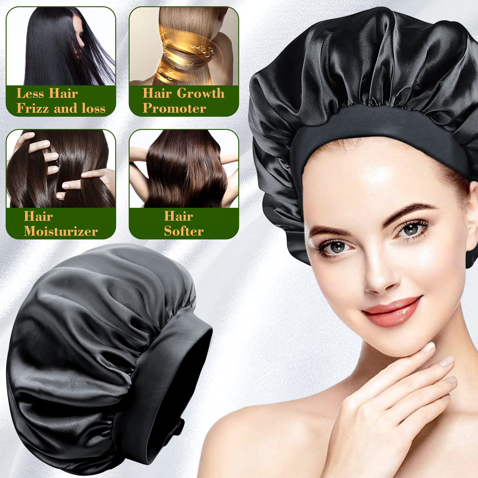 Satin Bonnet Silk Bonnet for Sleeping Silk Sleep Cap Hair Bonnet for Sleeping Bonnets for Women Curly Natural Braid Hair Bonnet for Men Adjustable Wide Band Double Layer(Black)
