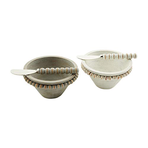 Mud Pie White Beaded Wood DIP Bowl Sets, 3" x 5 1/2" Dia | Spreader 6"