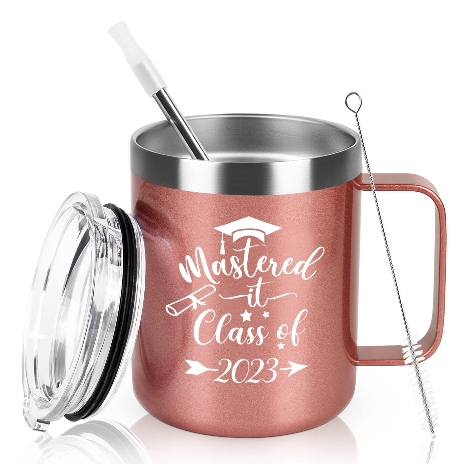 Lifecapido Graduation Gifts, Mastered It Class of 2023 Stainless Steel Coffee Mug with Handle, Graduation 12oz Insulated Coffee Mug for High School College Graduates, Masters Graduates, Rose Gold