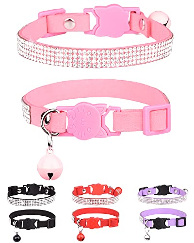 Solmoony Breakaway Cat Collars with Bell,Adjustable Safe Kitten Collar,Cat Collars for Girl Cats with Rhinestone Soft Velvet (Pink)