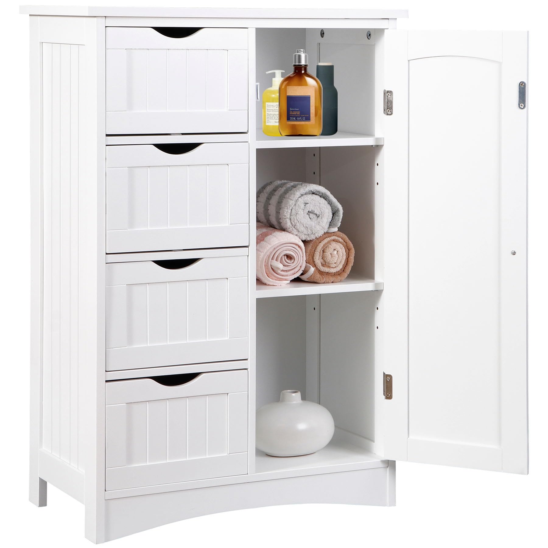 ZENY Bathroom Floor Storage Cabinet, Side Storage Organizer with 4 Drawers and 1 Cupboard, Adjustable Shelf Freestanding Entryway Storage Unit for Living Room/Bathroom, White