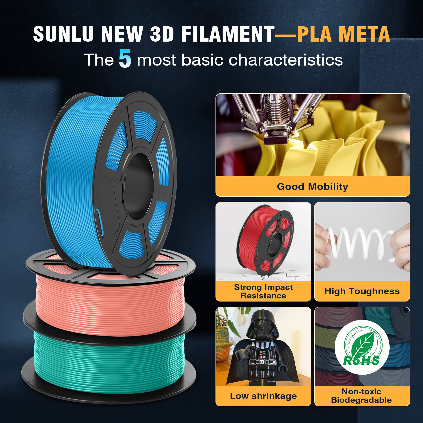 SUNLU 3D Printer Filament PLA-Meta 1.75mm, Dimensional Accuracy +/- 0.02 mm, 250G*8 Rolls, Black+White+Grey+Blue+Green+Red+Yellow+Pink & PLA-Meta 1KG, White