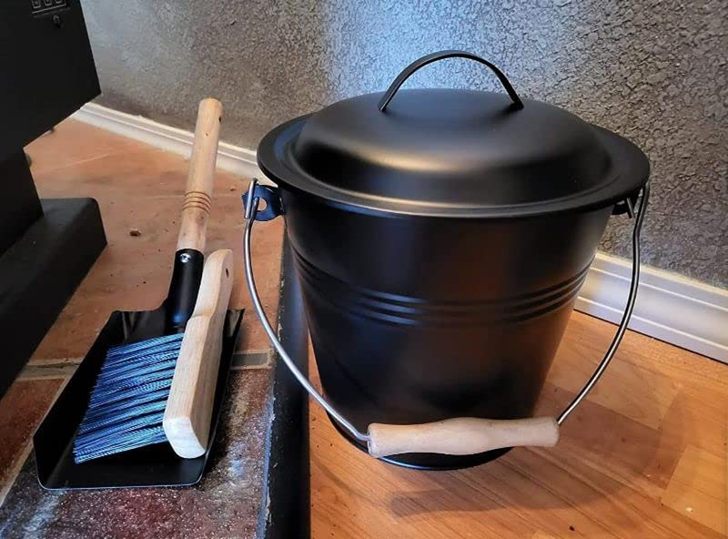 Mini Ash Bucket with Shovel, Gloves and Hand Broom, 1.5-Gallon Pail with Lid, Metal Bucket Coal and Ash Carrier Wood Pellet Storage Container Tool Set for Fireplace Fire Pit, Iron Ash Stove