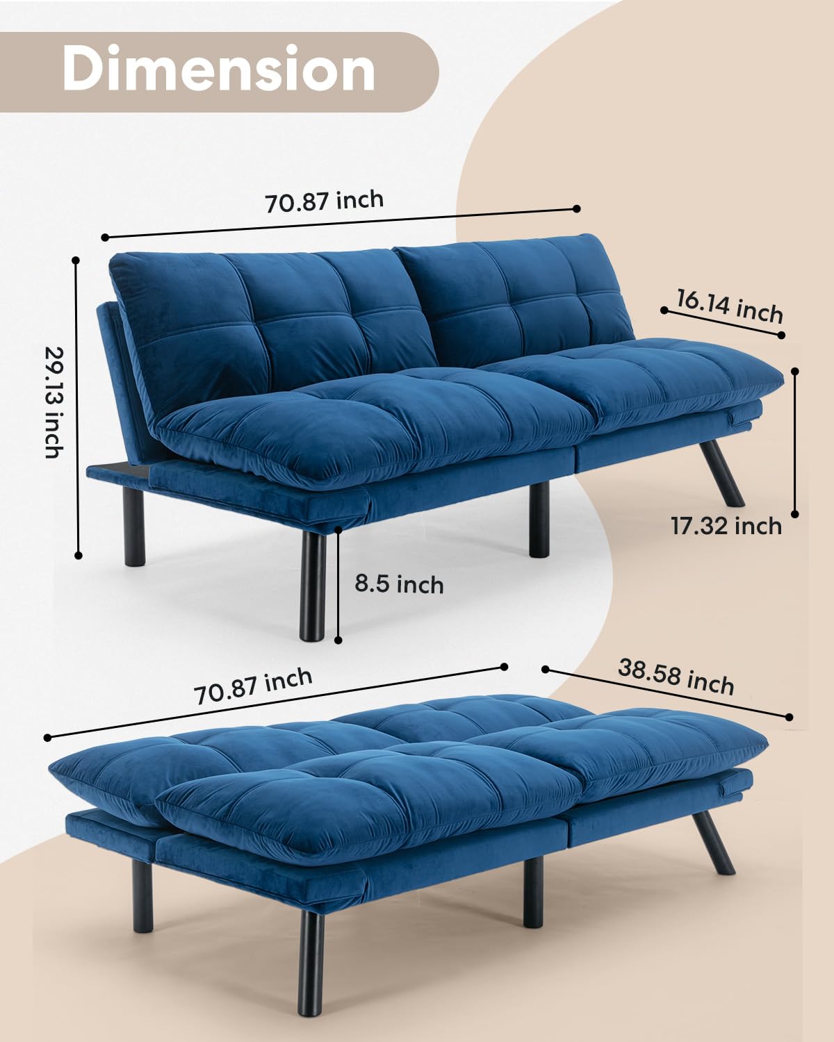 Velvet Convertible Futon Sofa Bed, 71" Comfy Loveseat Sleeper Sofa with Adjustable Backrest Armrest, Strengthen Wood, Thick Padded Cushion, Small 2 Seater Futon Couch for Living Room,Bedroom (blue)