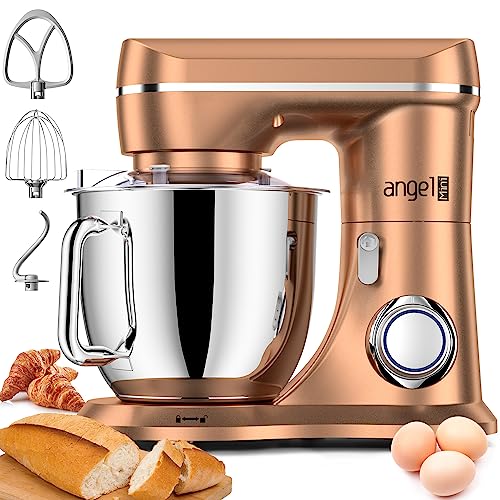 Mini Angel Stand Mixer,10-Speed Kitchen Electric Mixer,Tilt-Head Food Mixer with Dough Hook, Wire Whisk, Flat Beater, Stainless Steel Bowl (5.5QT, Yellow)