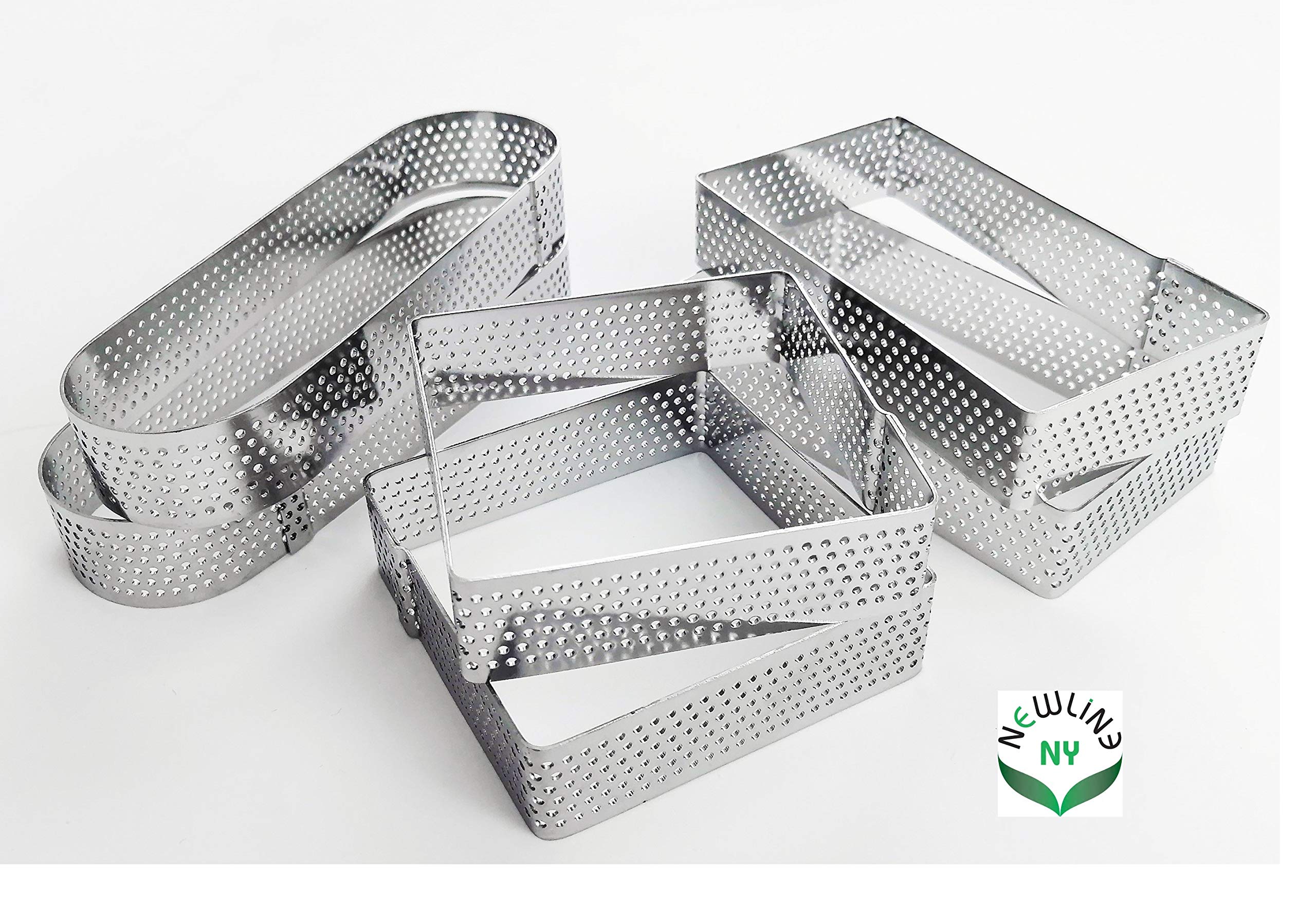 NewlineNY Stainless Steel 6 Pcs Perforated Oval Rectugular Square Tart Rings Molding Plating, Set of 6: 2 of each (13cm x 4cm 5" x 1.5") + (10cm x 5.5cm 4" x 1.5") + (7cm 2.8" square) x (2cm 0.8" H)