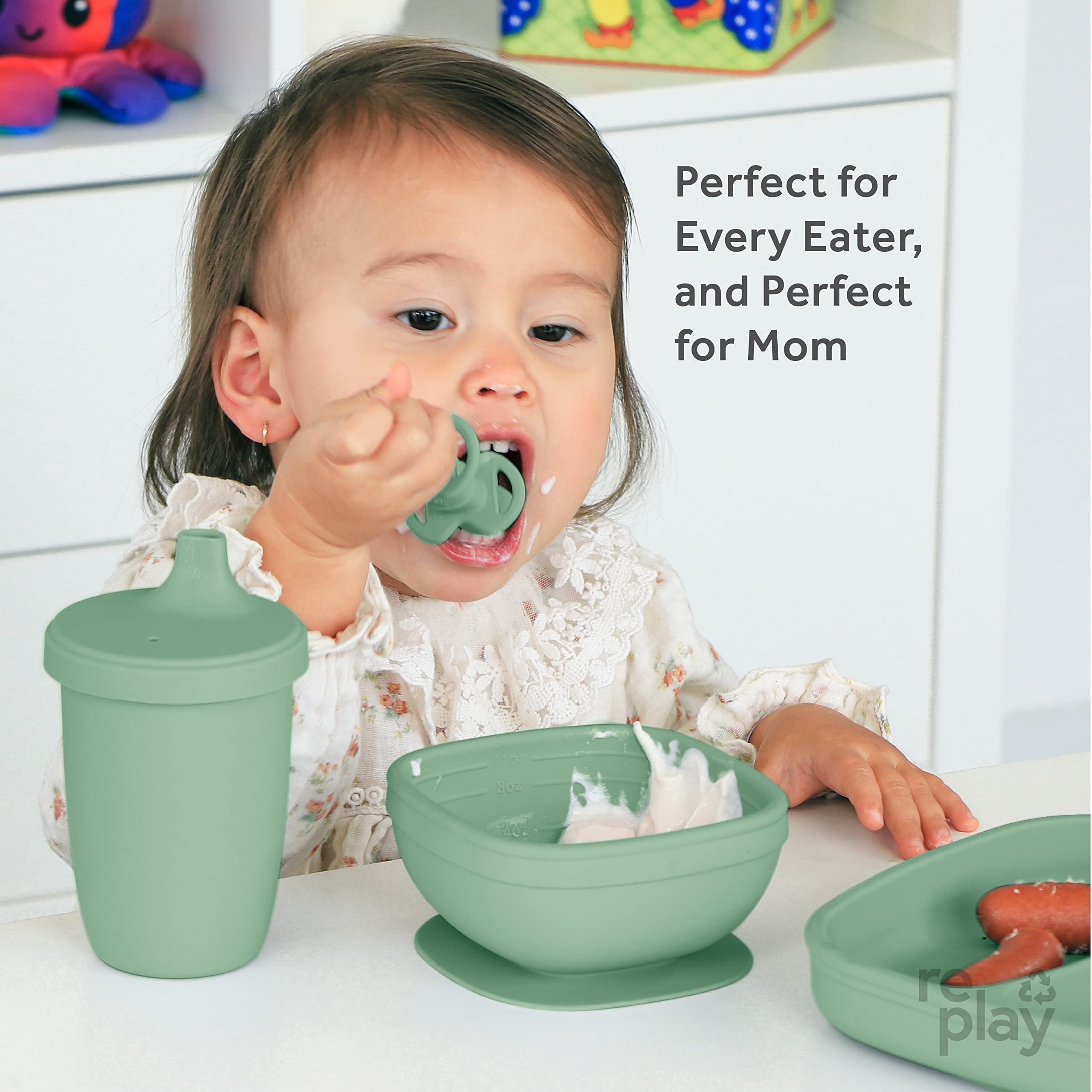Re Play Sustainables Silicone 11 oz. Suction Bowl with Silicone Press In Lid - Made with Medical-Grade Platinum Silicone - With Lid - Sage