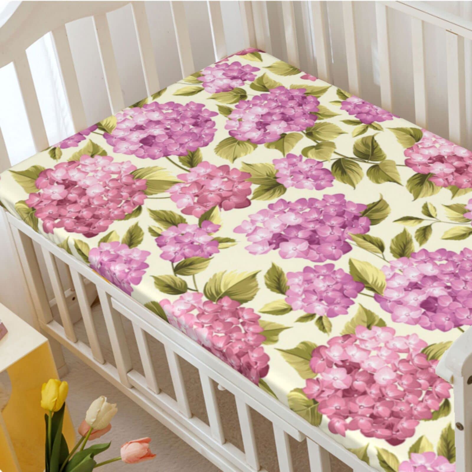 Shabby Flora Themed Fitted Mini Crib Sheets,Portable Mini Crib Sheets Soft and Breathable Bed Sheets-Great for Boy or Girl Room or Nursery,24β x38β,Pale Green Baby Pink Cream Lilac