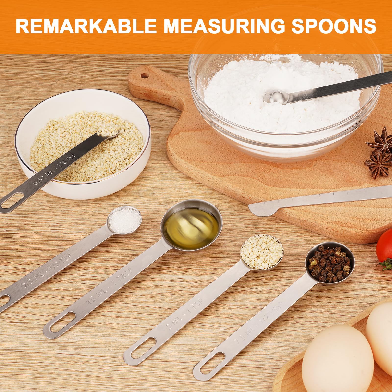 Sieqioor Durable Stainless Steel Metal Measuring Spoons Set for Dry or Liquid, Small Tablespoon, Teaspoons, Set of 7 Including Leveler, Etched Markings and Removable Clasp, Fits in Spice Jar