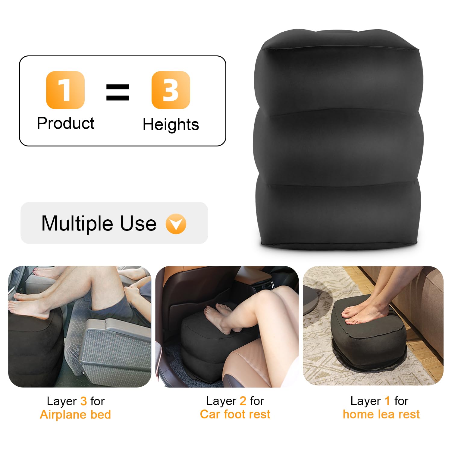 Maliton Inflatable Foot Rest Pillow, Airplane Travel Bed for Toddler, Car Seat Foot Rest for Kids, Adjustable Height Leg Rest Pillow for Airplane, Home, Office(Black, 2 Pack)