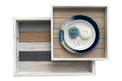 Set of 2 Wooden Serving Trays for Ottoman and Coffee Table Lap Tray (16.3x12.2x2 & 11x11x1.5 Inches, Multicolor)