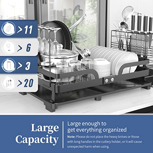 Kitsure Dish Drying Rack, Rustproof Dish Rack with Large Capacity for Dishes, Pans, Glasses & Cutlery, Foldable & Compact Dish Drainer with Easy Installation & Adjustable Water Outlet