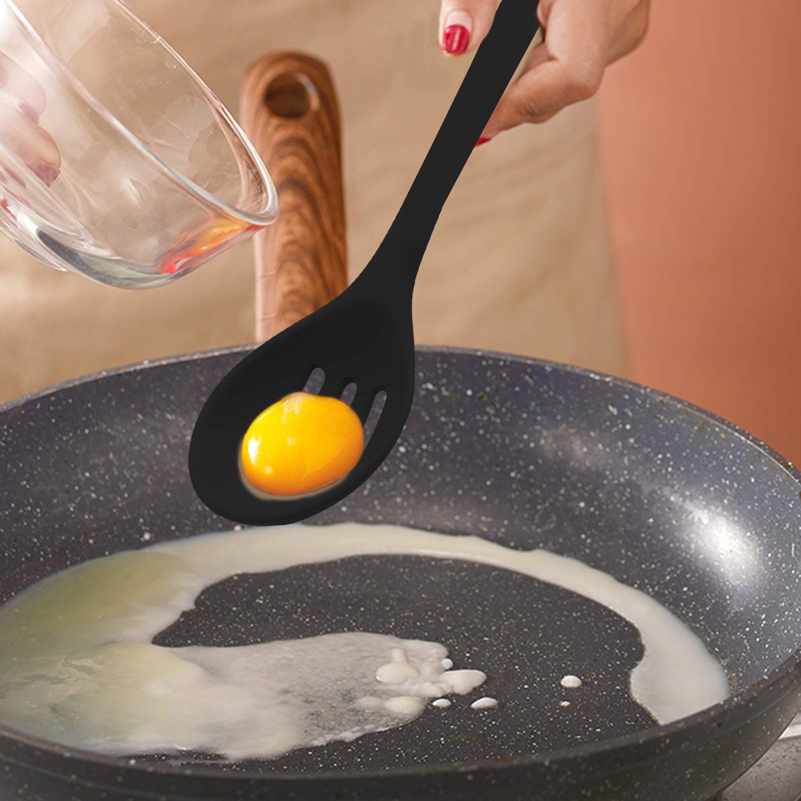 KUFUNG Silicone Slotted Serving Spoon, Nonstick Mixing Spoon, Heat resistant up to 480°F. Silicone Kitchen Cooking Utensils Non-Stick Baking Tool (Black)