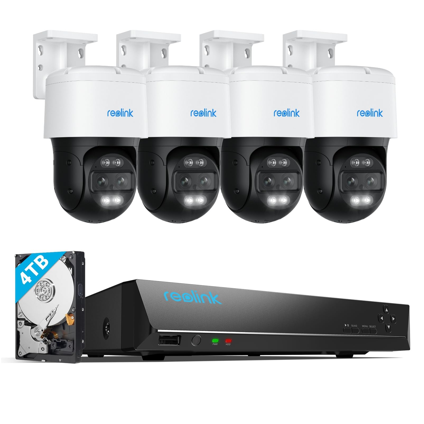 REOLINK 4K PTZ Security Cameras System, IP PoE Outdoor Cameras, Auto Tracking, Human/Vehicle/Pet Detection, 4X Reolink Trackmix PoE with 6X Hybrid Zoom Bundle 1x RLN16-410 NVR with Built-in 4TB HDD