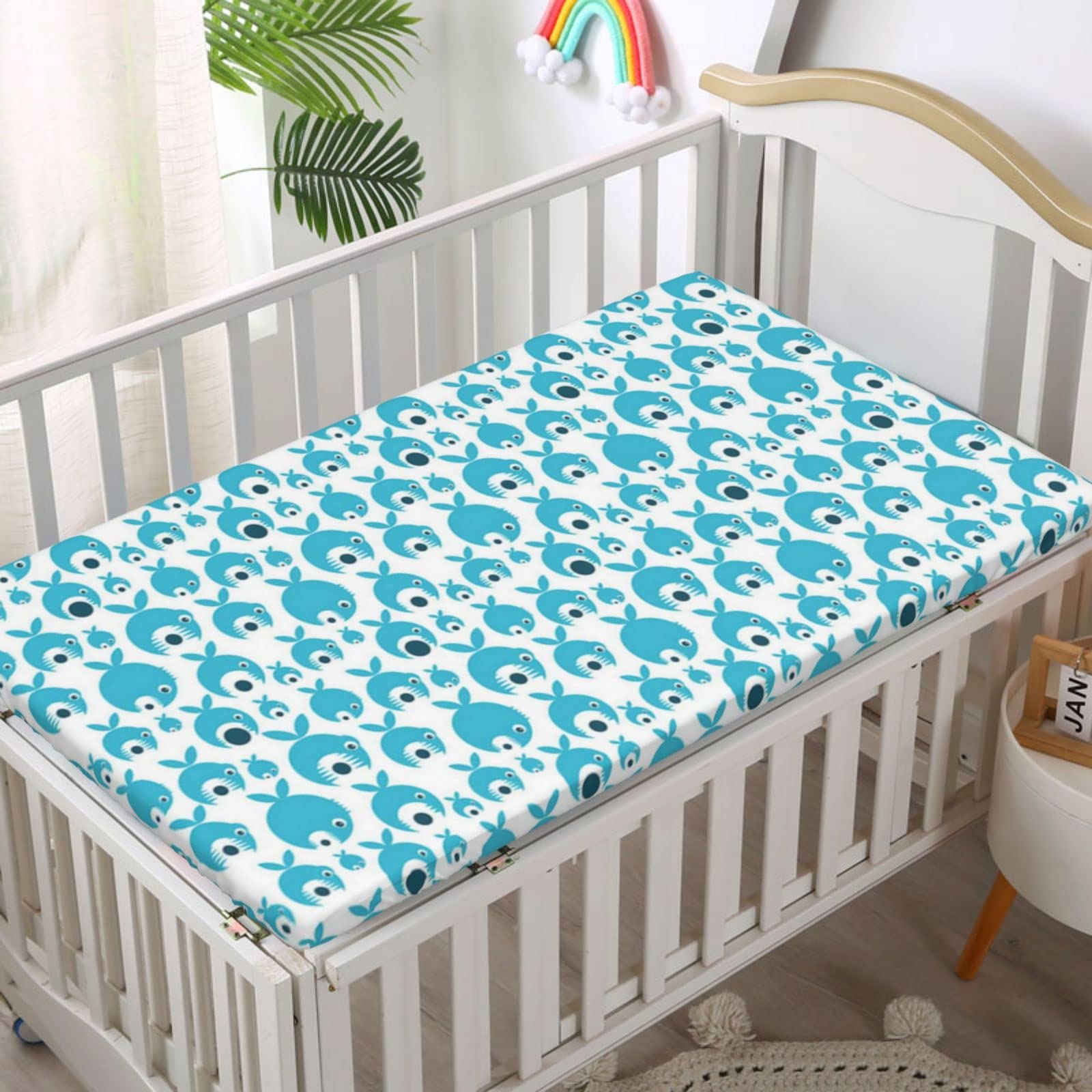 Shark Party Themed Fitted Crib Sheet,Standard Crib Mattress Fitted Sheet Soft and Breathable Bed Sheets-Baby Crib Sheets for Girl or Boy,28β x52β,Sky Blue Dark Teal