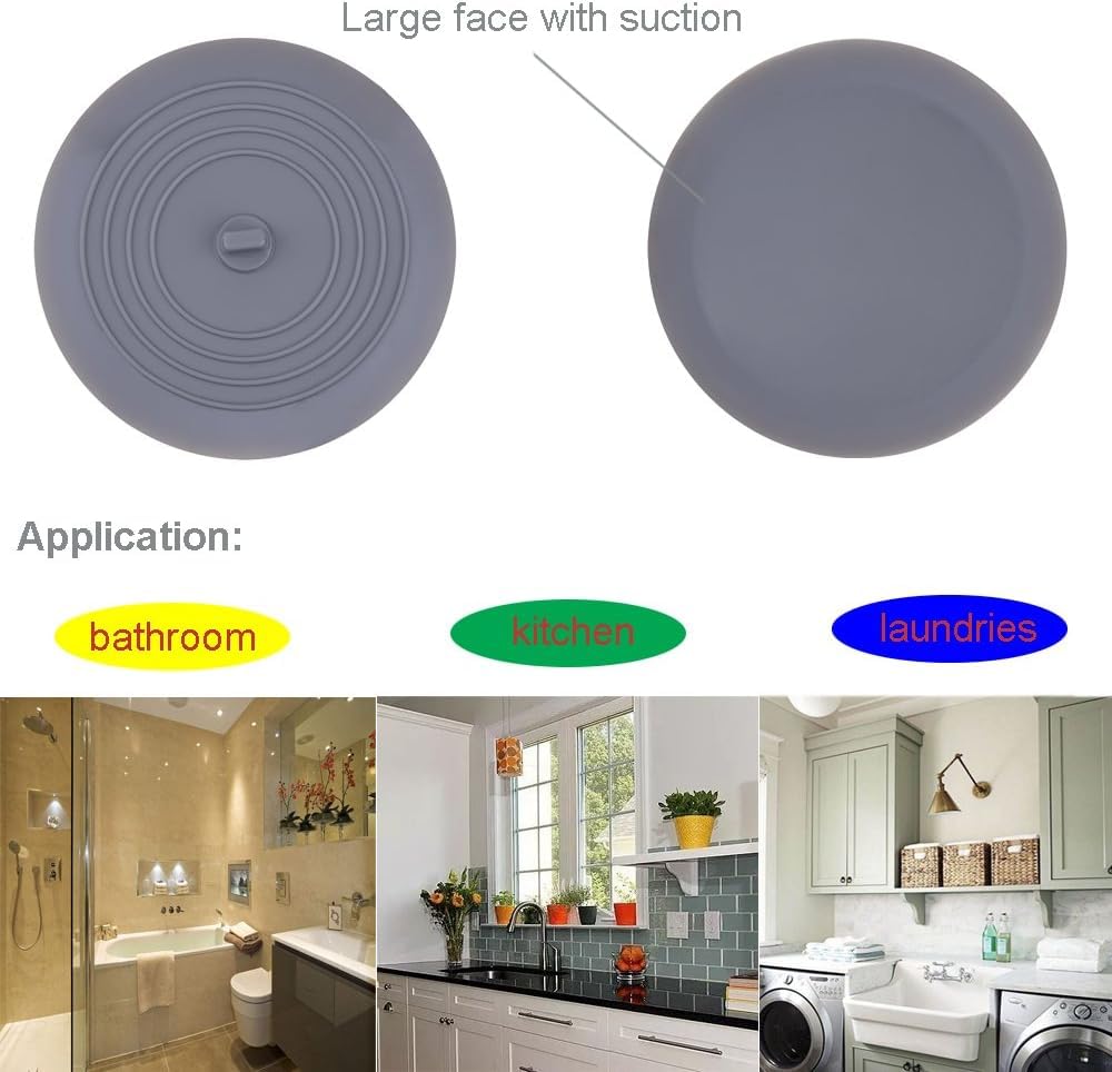 Water Stopper Silicone Bathtub Drain Plug Cover Kitchen Bath Tub Sink Rubber Bath Tub Stopper, Flat Suction Sink Stopper White-Grey