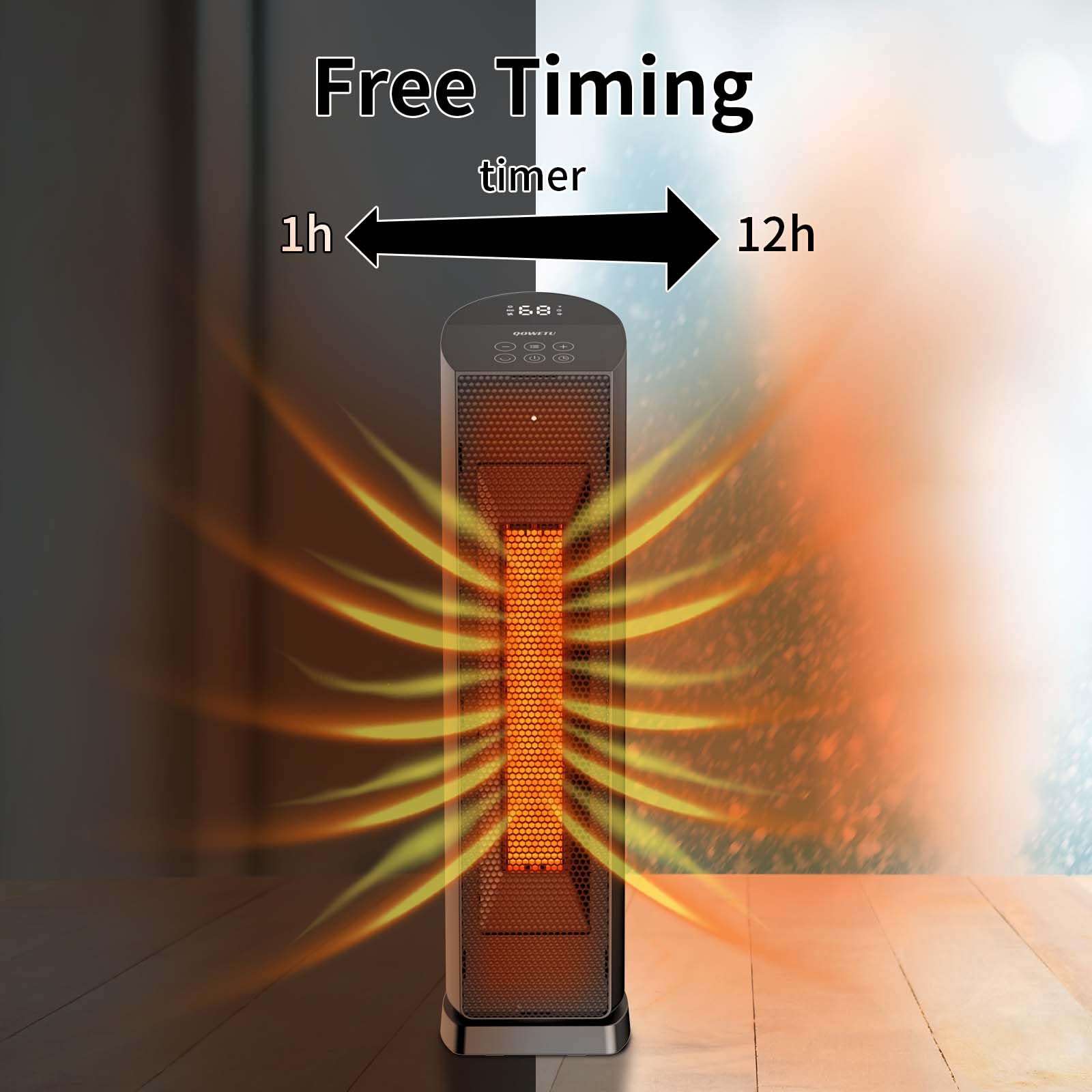 QOWETU Space Heater for Indoor Use with Remote - 90° Oscillating Tower Electric Heater, 24 Inchs, 12H Timer, 1500W Quiet PTC Ceramic Heating with Thermostat, Fast Safety Heat for Office, Home, Bedroom