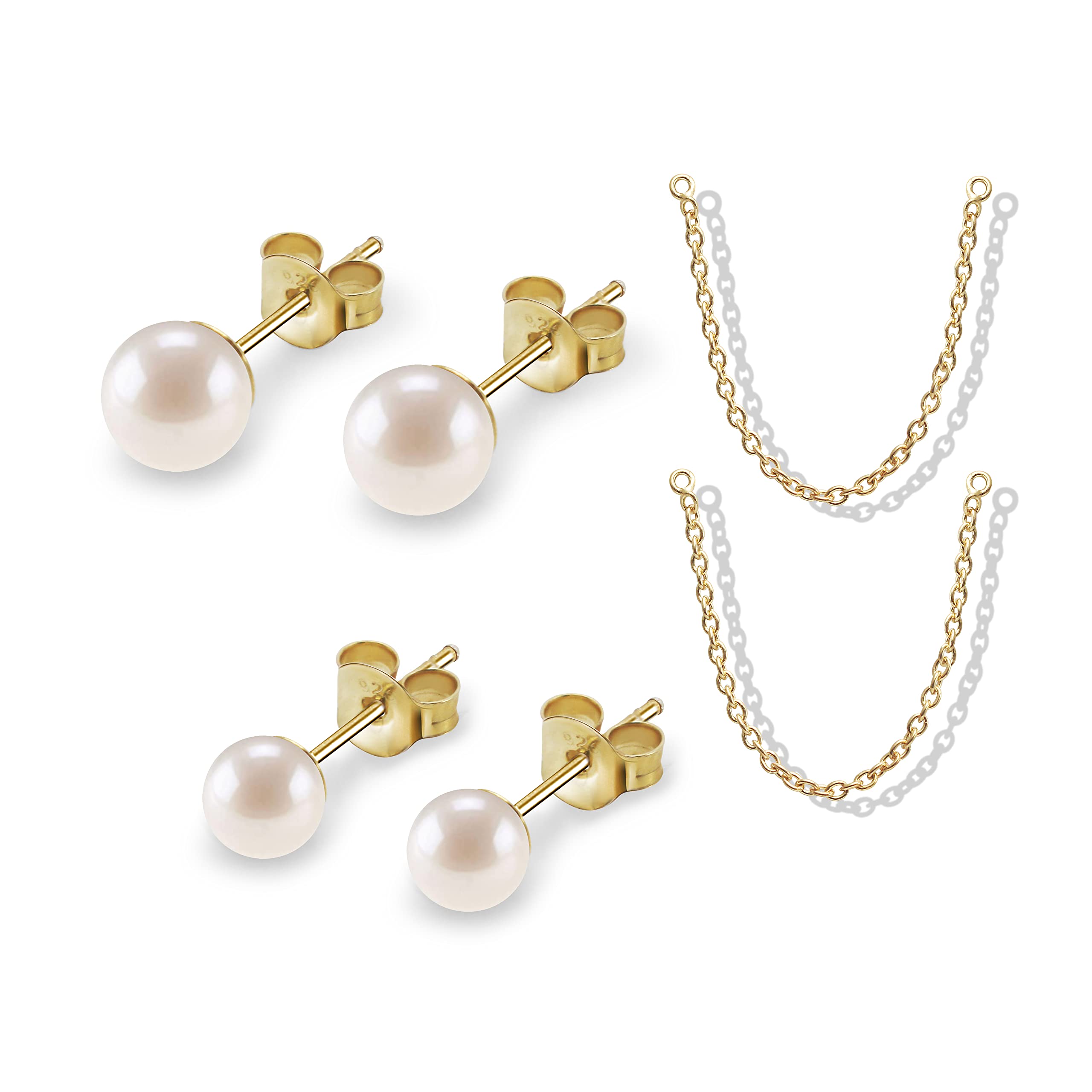 Pinari Double Piercing Pearl Earrings Set β Gold Plated Detachable Chain - 2 Pairs of Shell Pearl Studs β Sterling Silver Double Earrings for Two Holes