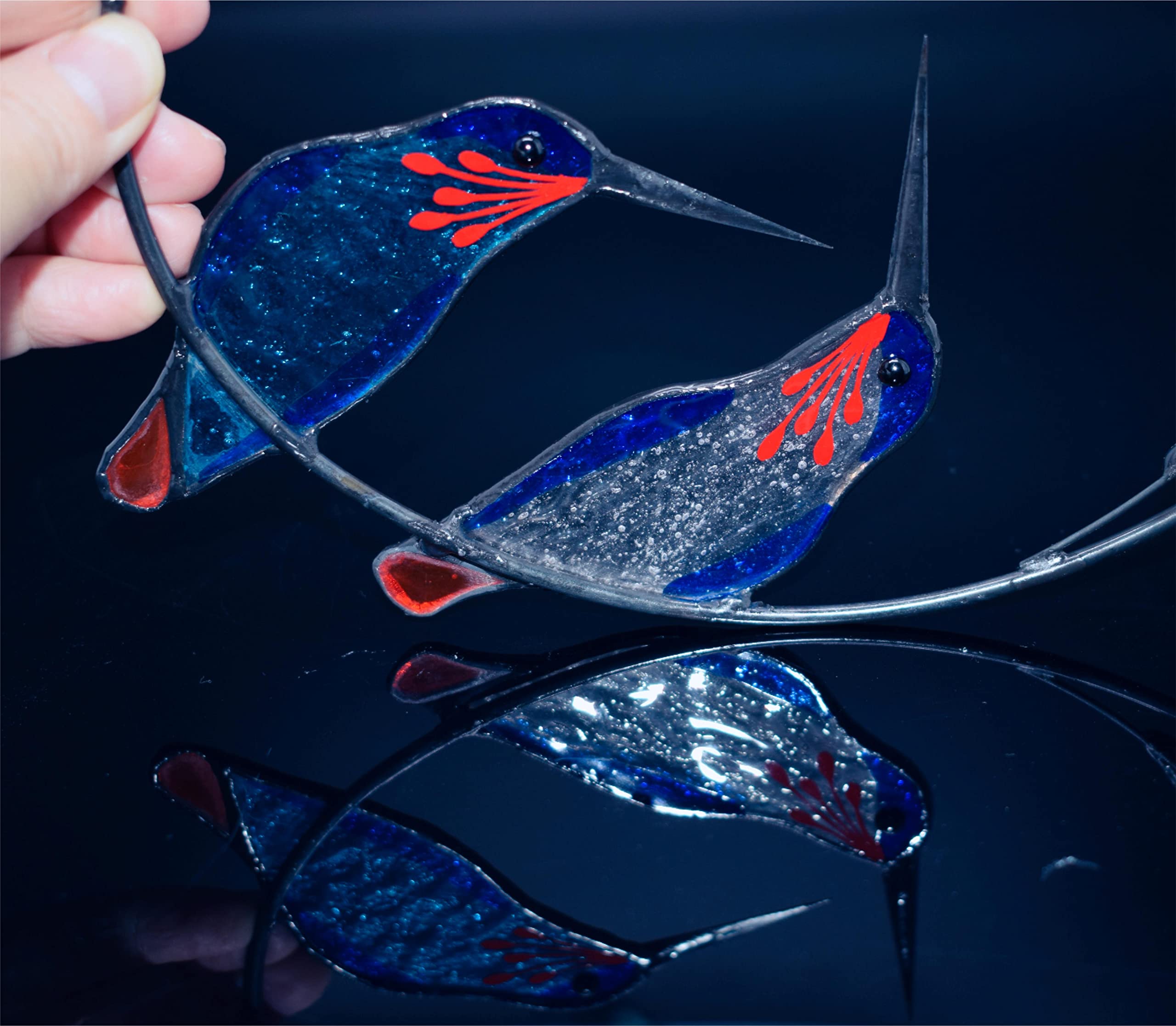 Lolitarcrafts Hummingbird with Flower Stained Glass Suncatcher Bird Stained Glass Window Hangings Hummingbird Gift for Home Decor (Blue 1 Pair)