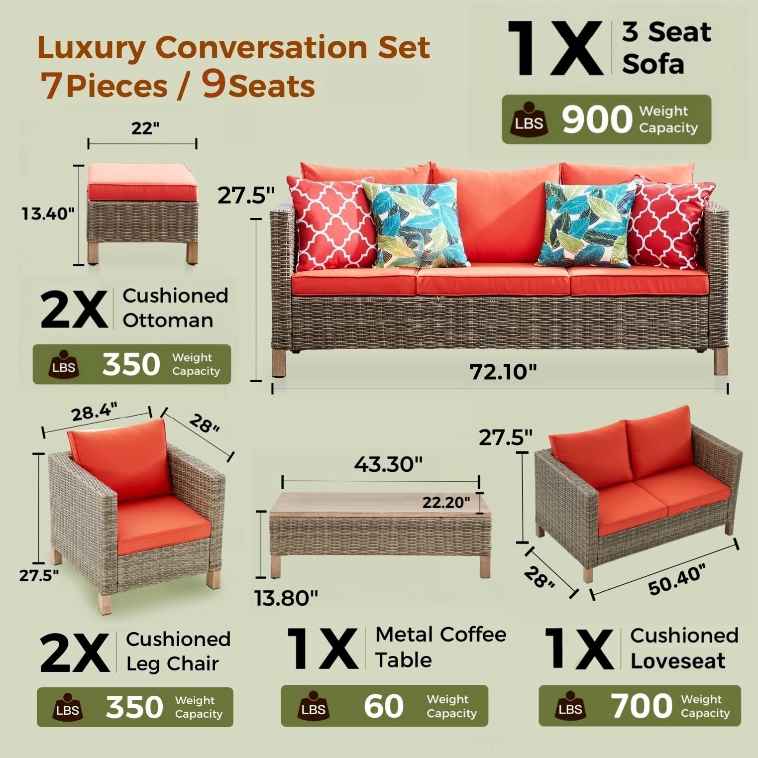 Summax 7 Pieces Sectional Sofa with Metal Top Coffee Table, Hand Woven Wicker Rattan Conversation Set, Outdoor Furniture for Poolside, Garden, Porch PE Rattan Sofa Set (Orange Red)