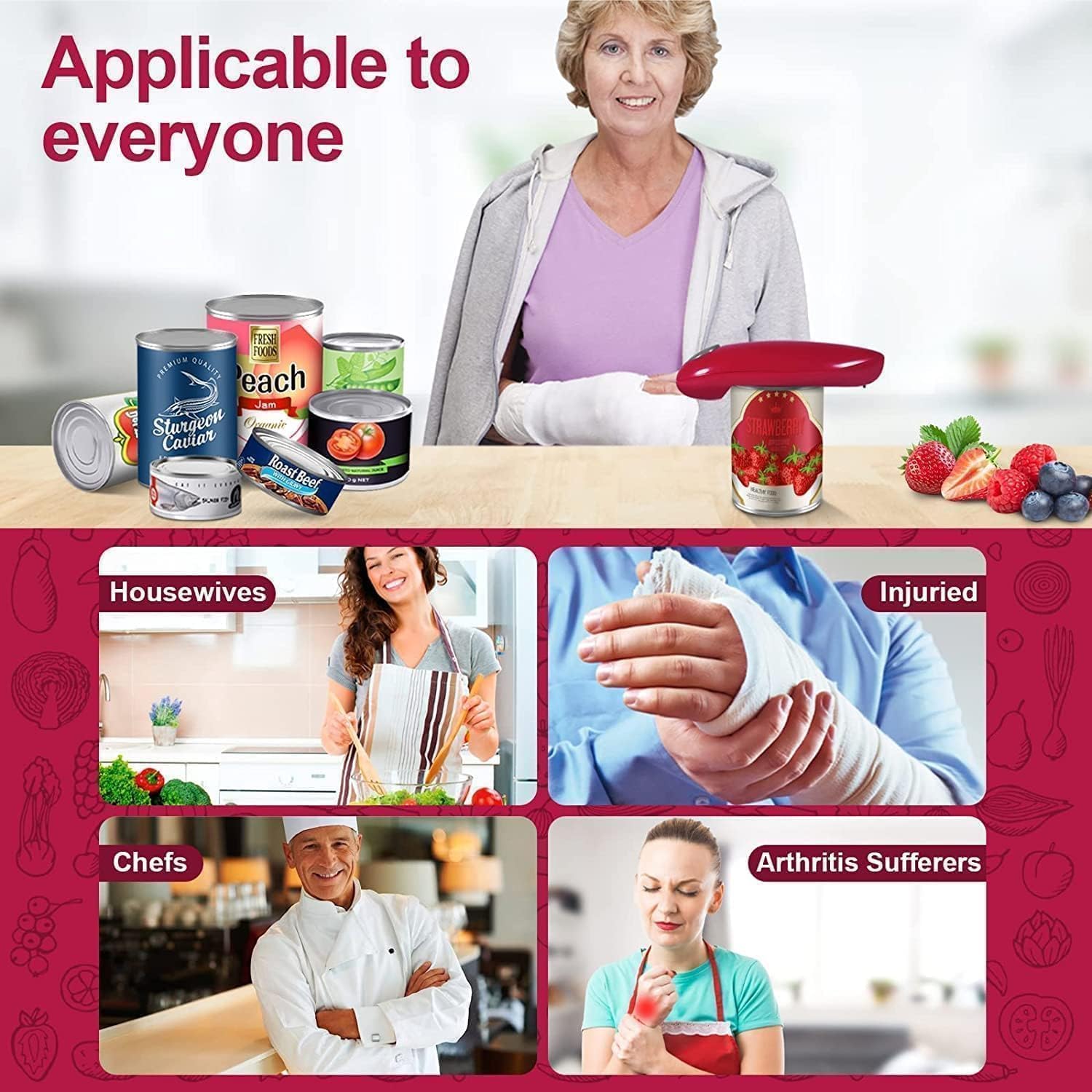 One Touch Battery Operated Electric Can Opener, Easy Open Any Can Size with No Sharp Edge, Hands Free and Food-Safe Automatic Can Opener, Kitchen Gadget Electric Can Opener for Seniors with Arthritis