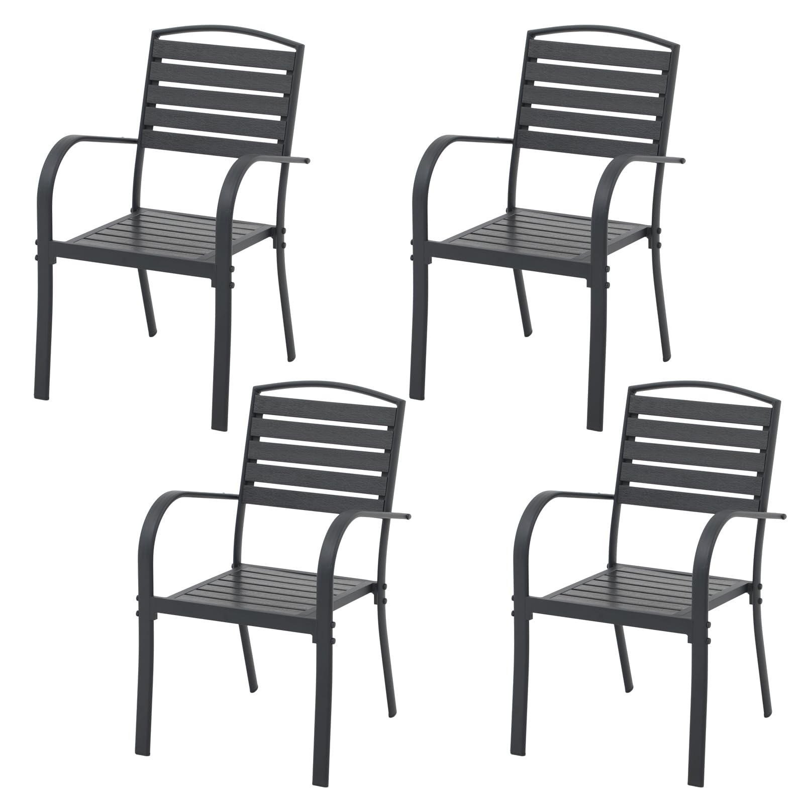 SUNSITT Patio Dining Chairs Set of 4, Aluminum Outdoor Dining Chairs with Faux Wood Slats, All-Weather Stackable Patio Chairs w/Armrests for Lawn, Porch, Garden and Deck, Black