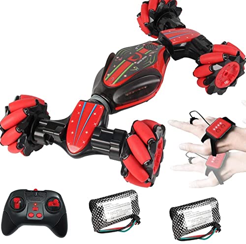 RC Stunt Car, 4WD 2.4GHz Remote Control Car Deformable All-Terrain Off Road Car, 360 Degree Flips Double Sided Rotating Race Car with Gesture Sensor Watch Lights Music for Kids (Red) M76