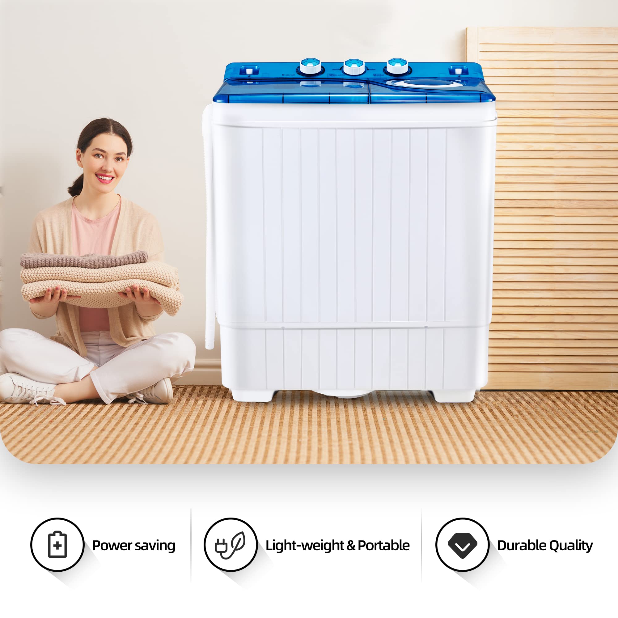 Kumcahom Portable Washer 26Lbs Capacity Washing Machine and Dryer Combo Twin Tub Laundry Washer(18Lbs) & Spinner(8Lbs) with Built-in Gravity Drain Pump,for Apartment,Dorms,RV Camping (BLUE+WHITE)