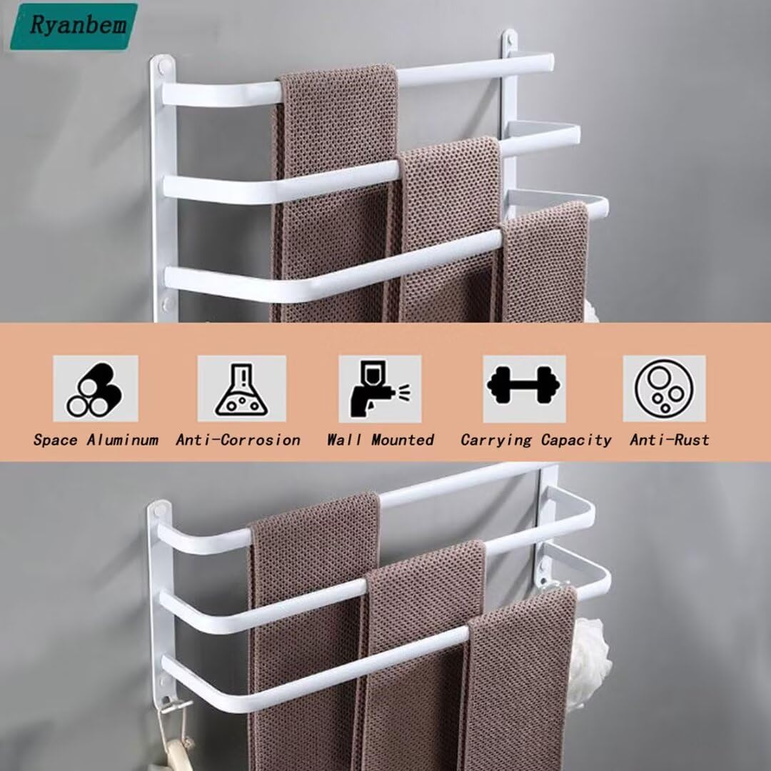 Towel Rails Wall Mounted with 2 Hooks Space Aluminum Towel Rack Bathroom,Towel Holder for Bathroom Hotel Kitchen White 3 Layer 40cm