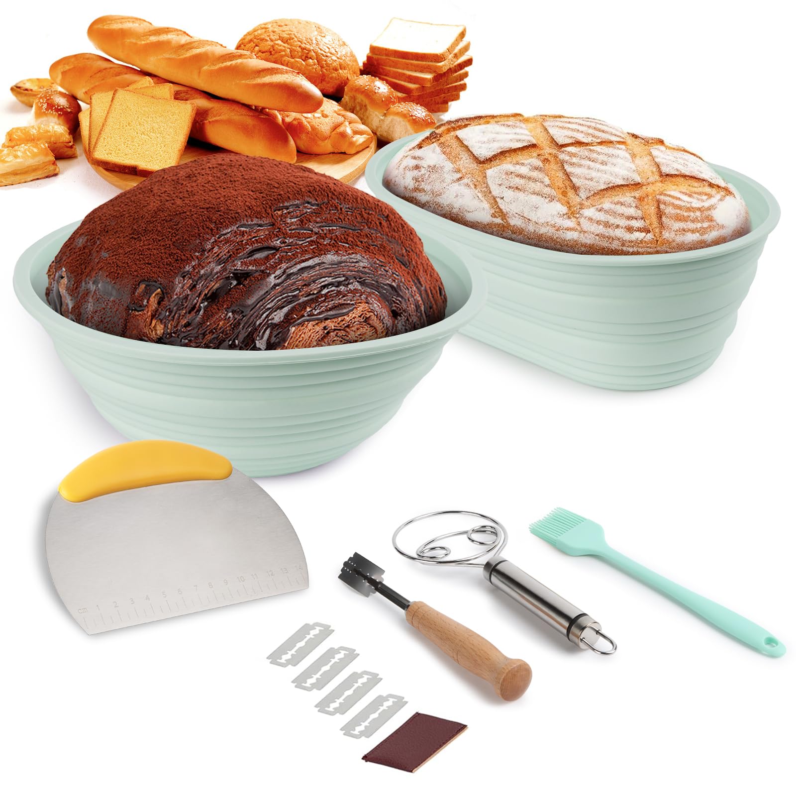 Silicone Banneton Bread Proofing Baskets - 9” Round & 10” Oval, Complete Foldable Sourdough Baking Set with Tools, Heat Resistant, Non-Stick, Easy Clean, Sourdough Bread Baking Supplies