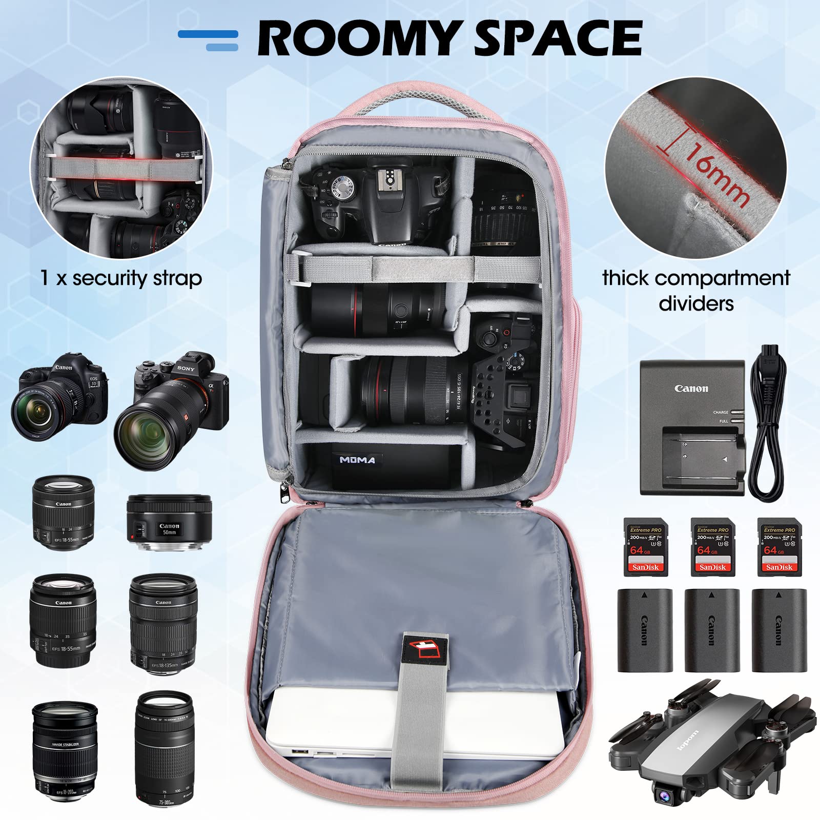 Lubardy Camera Bag Professional DSLR SLR Mirrorless Camera Backpack 14 Inch Waterproof Laptop Backpack Anti-Theft Camera Case with Rain Cover Large Capacity Photography Backpack for Men Women, Pink