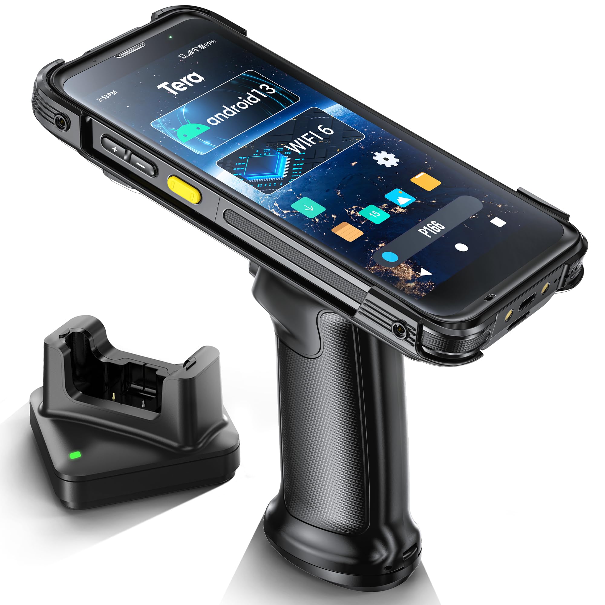 Tera Android 13 Barcode Scanner PDA: with Pistol Grip Charge Cradle Wi-Fi 6 Qualcomm CPU SE4710 Zebra Scanner Data Terminial 5.5â Full Touch Screen IP65 Rugged 4G GPS BT for WMS Management P166GC