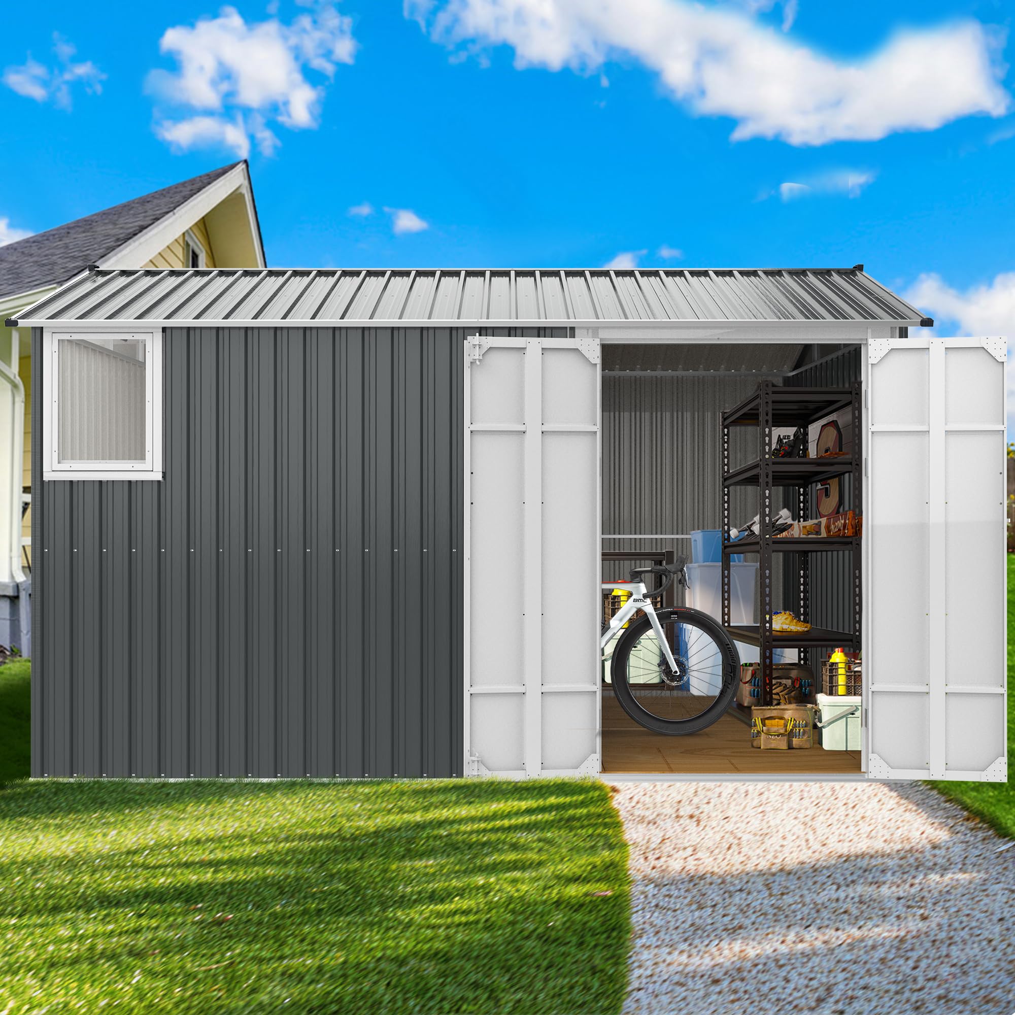 SumVille 8x12 Ft Metal Outdoor Storage Shed with Window, Floor Base, Air Vents and Double Hinged Door
