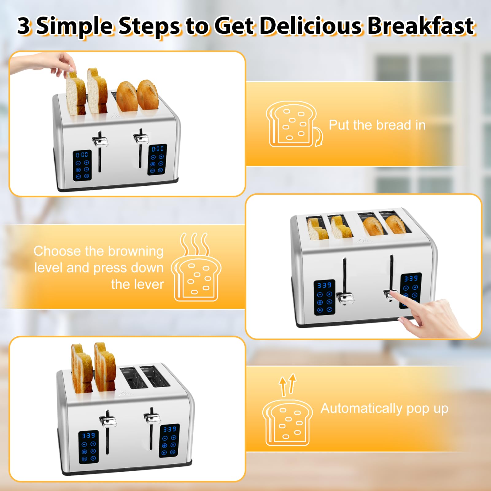 Toaster 4 Slice Touch Screen, 4 Slice Toaster with Extra-Wide Slots, Dual Independent Toasting Panels & Cancel/Defrost/Reheat/Bagel Functions, Removable Tray & 6 Browning Levels, 1650W