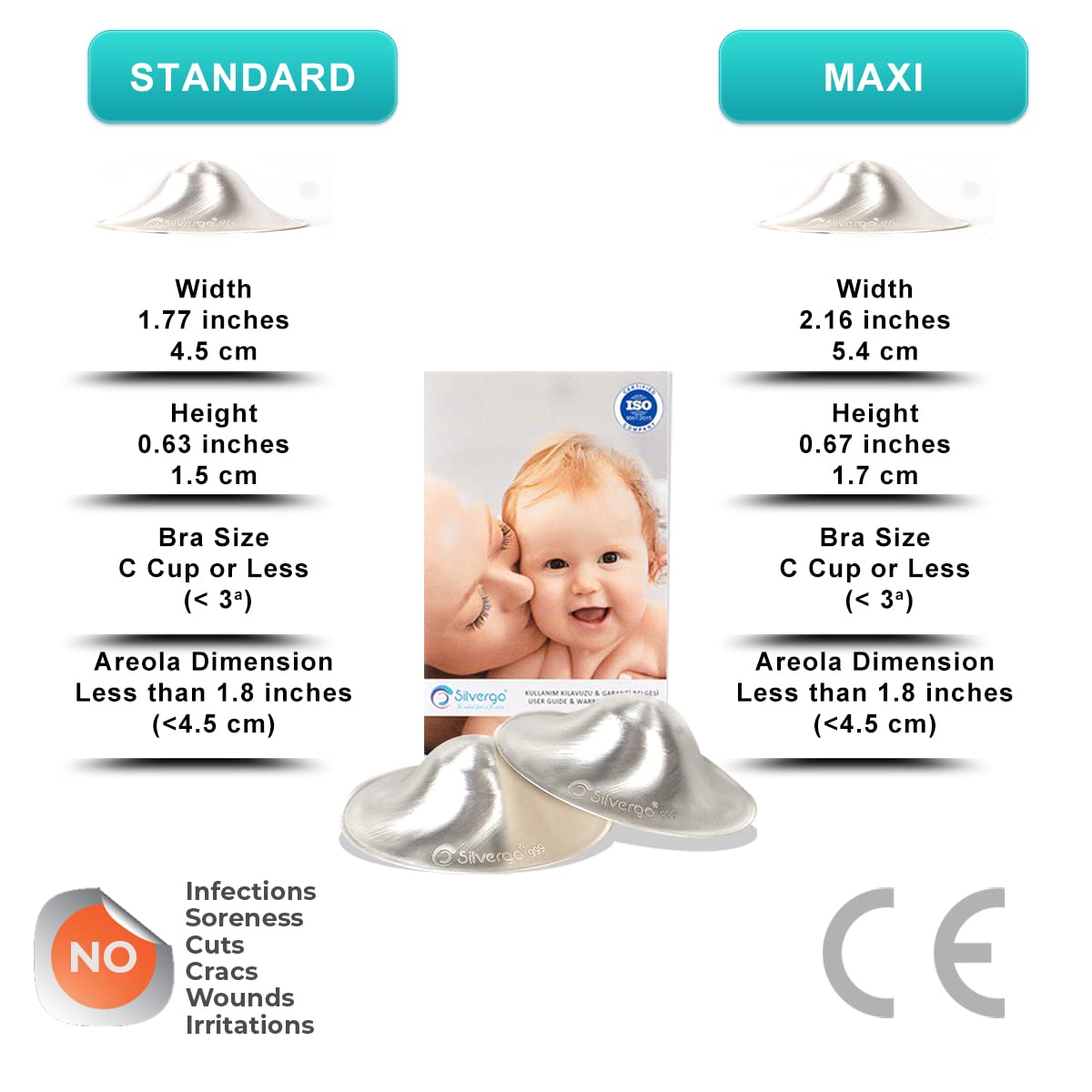 Silvergo The Original Silver Nursing Cups, Nipple Shields for Newborn, Covers Breastfeeding, Protector Newborn Essentials Must Haves, 999 Pure (Standard)