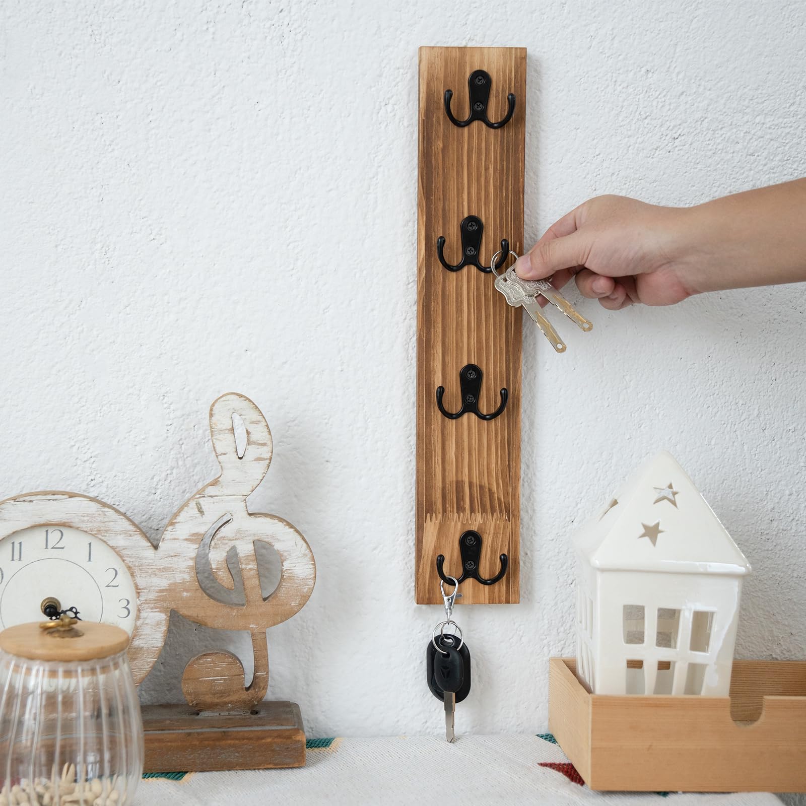 Vertical Key Holder for Wall - Mounted Wooden Key Rack Organizer with Hooks for Home Entryway, Laundry Room & Garage - Perfect Space-Saving Storage Solution for Keys, Scarves, Wallets & Pet Leashes