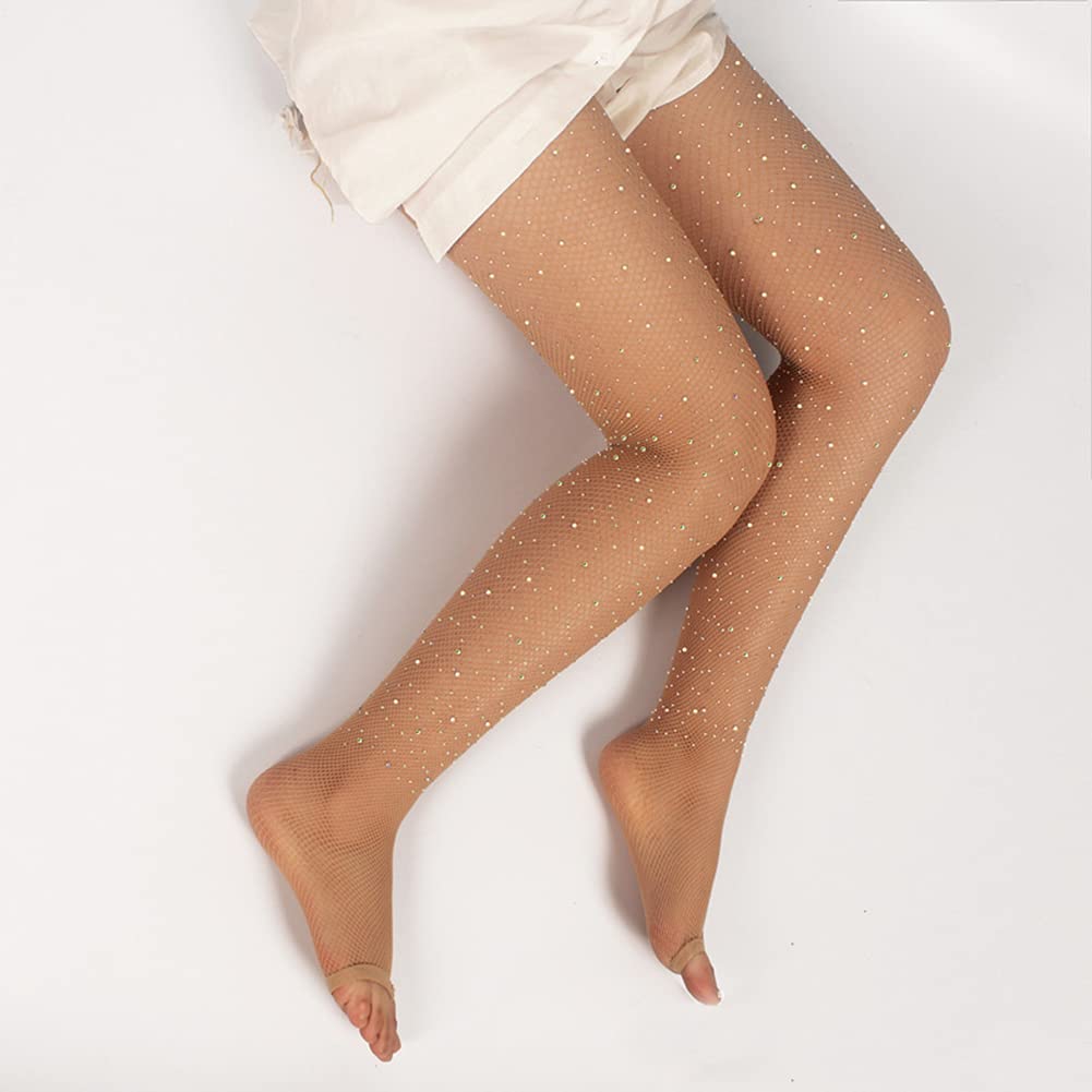 LUCKELF Sexy Back Seam Pantyhose Sparkle Rhinestone Fishnets Tights for Women(Toeless,Nude)