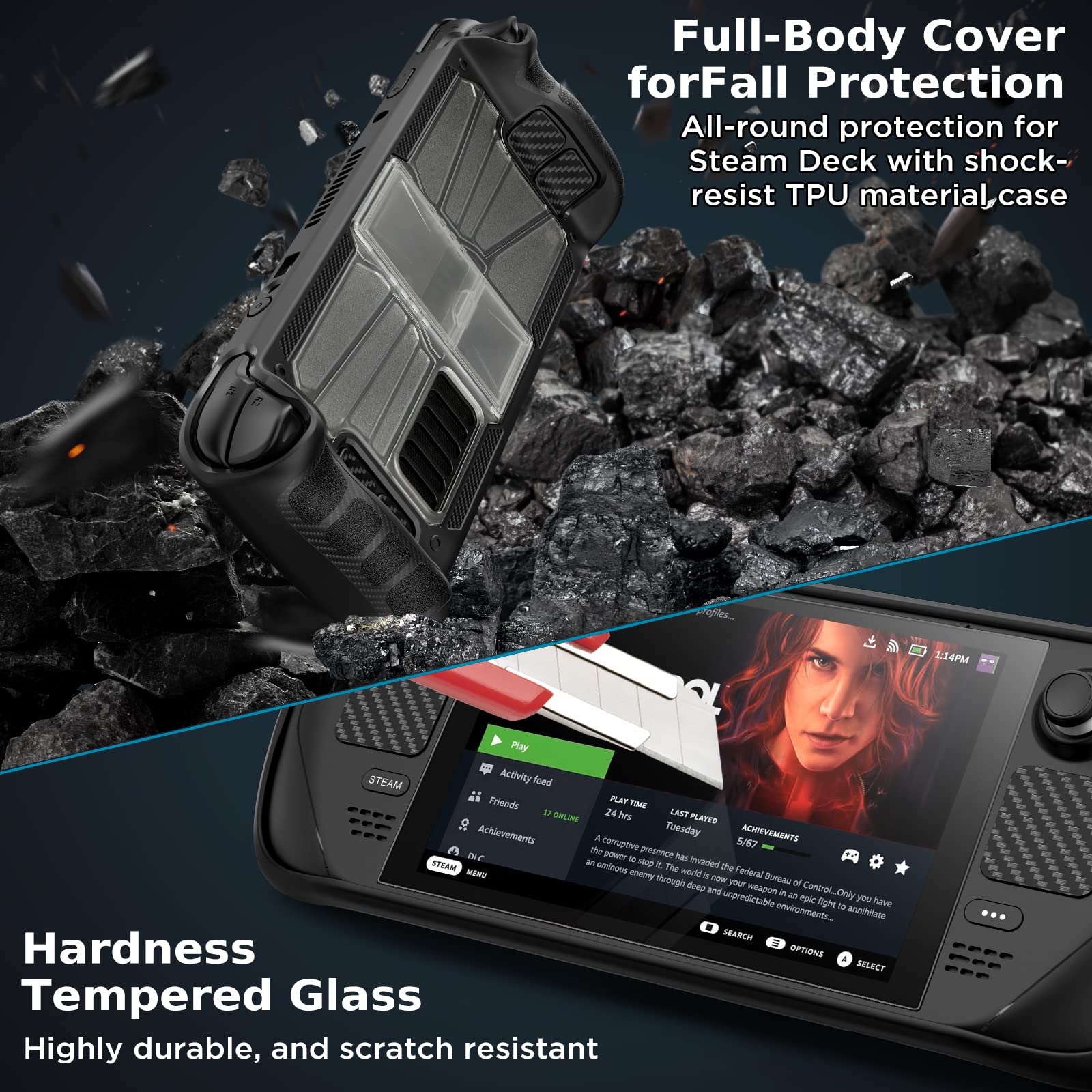 Qupite Steam Deck Case with Adjustable Kickstand 2 Screen Protectors, TPU + PC Steam Deck Cover with Stand, Shockproof Protector Case for Steam Deck Non-Slip Anti-Scratch Steam Deck Accessories